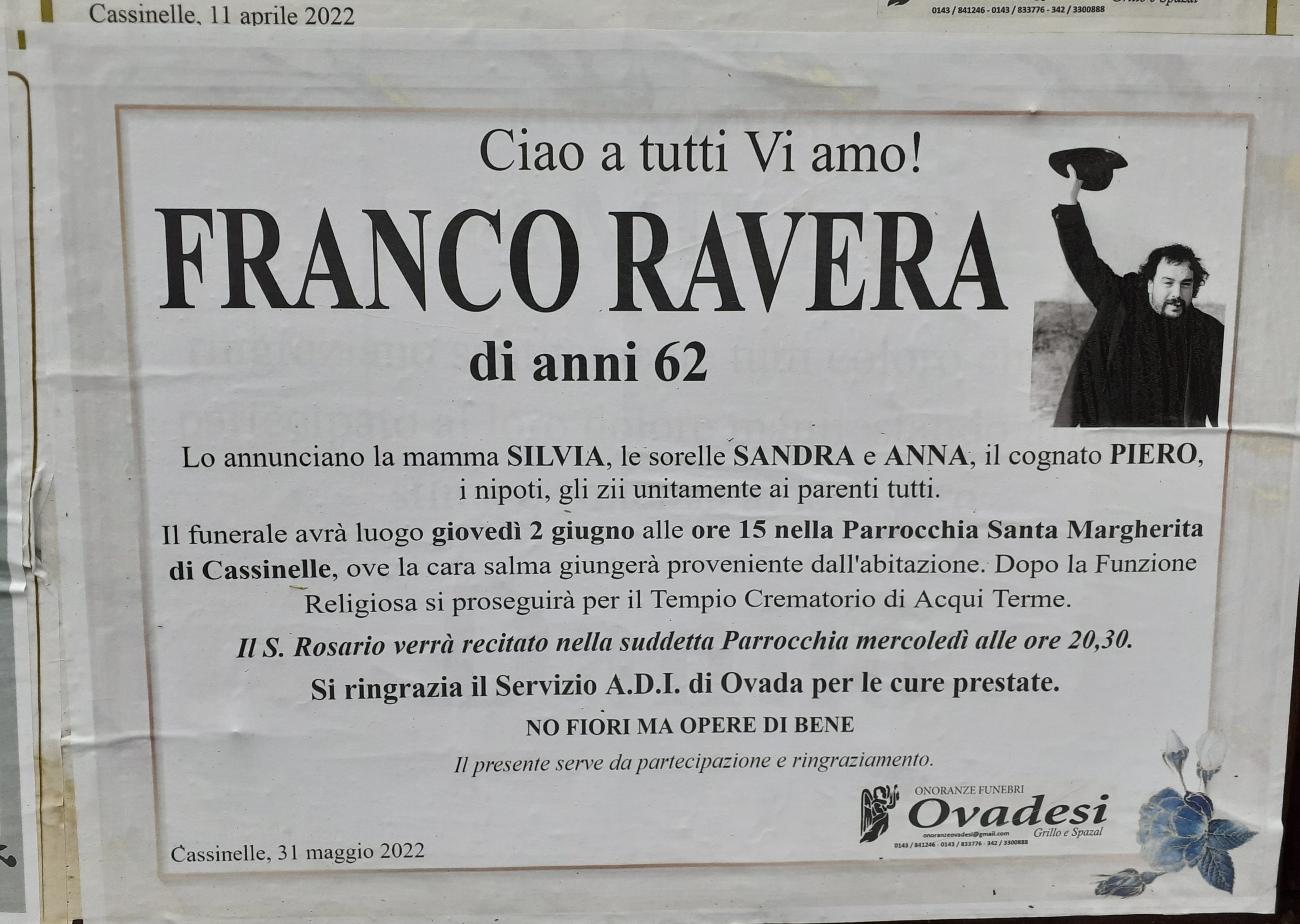 L'ultimo saluto all'attore Franco Ravera, mancato a soli 62 anni